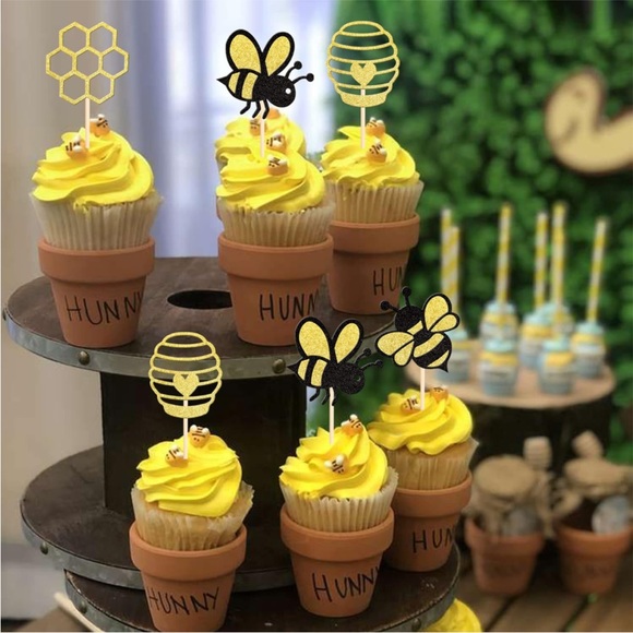 Party Supplies | 12pc Bumble Bee Cupcake Toppers Glitter Bee Honeycomb ...